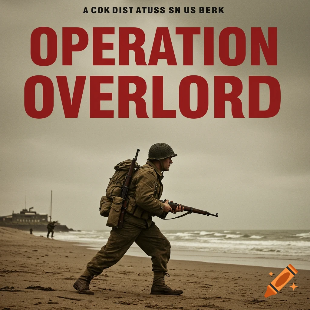 Book cover for Operation Overlord, D-Day soldier on beach on Craiyon