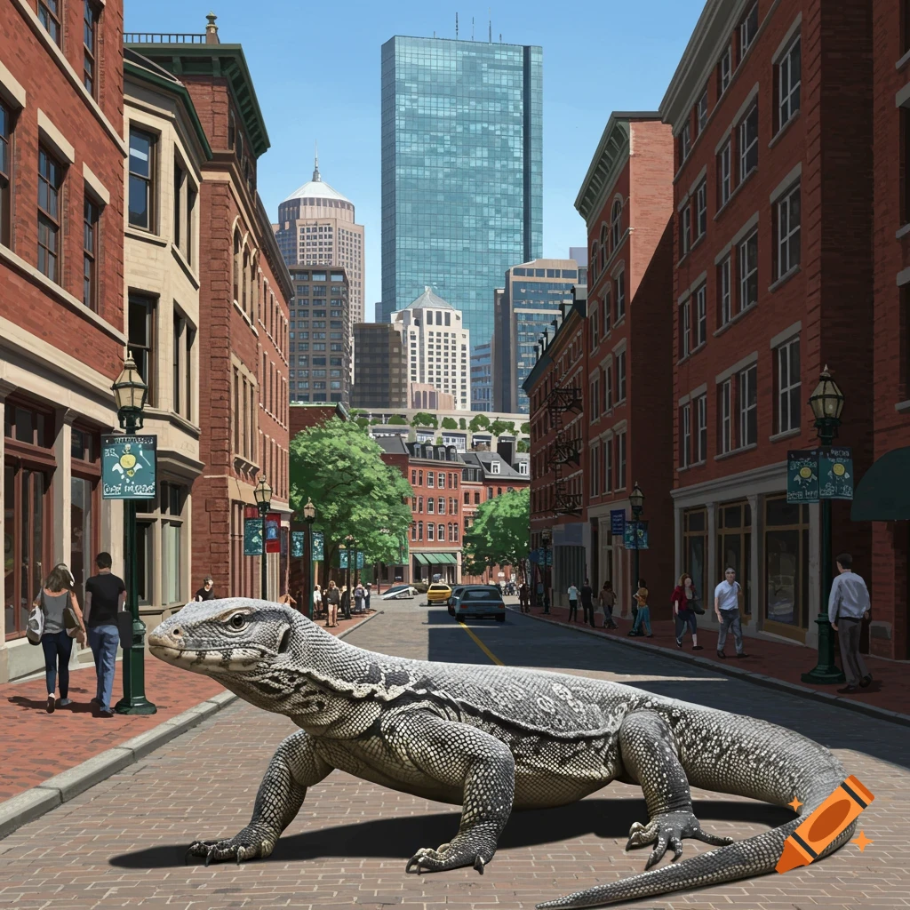 A large gray monitor lizard walks on a brick street in a downtown city ...