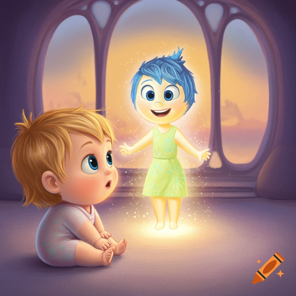 A baby looks at a floating cartoon character of Joy from Inside Out in ...