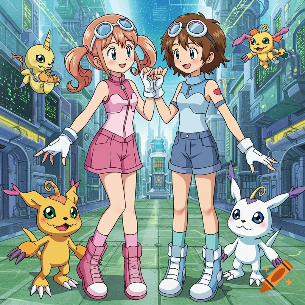 Mimi and Sora from Digimon swapping clothes and hairstyles on Craiyon