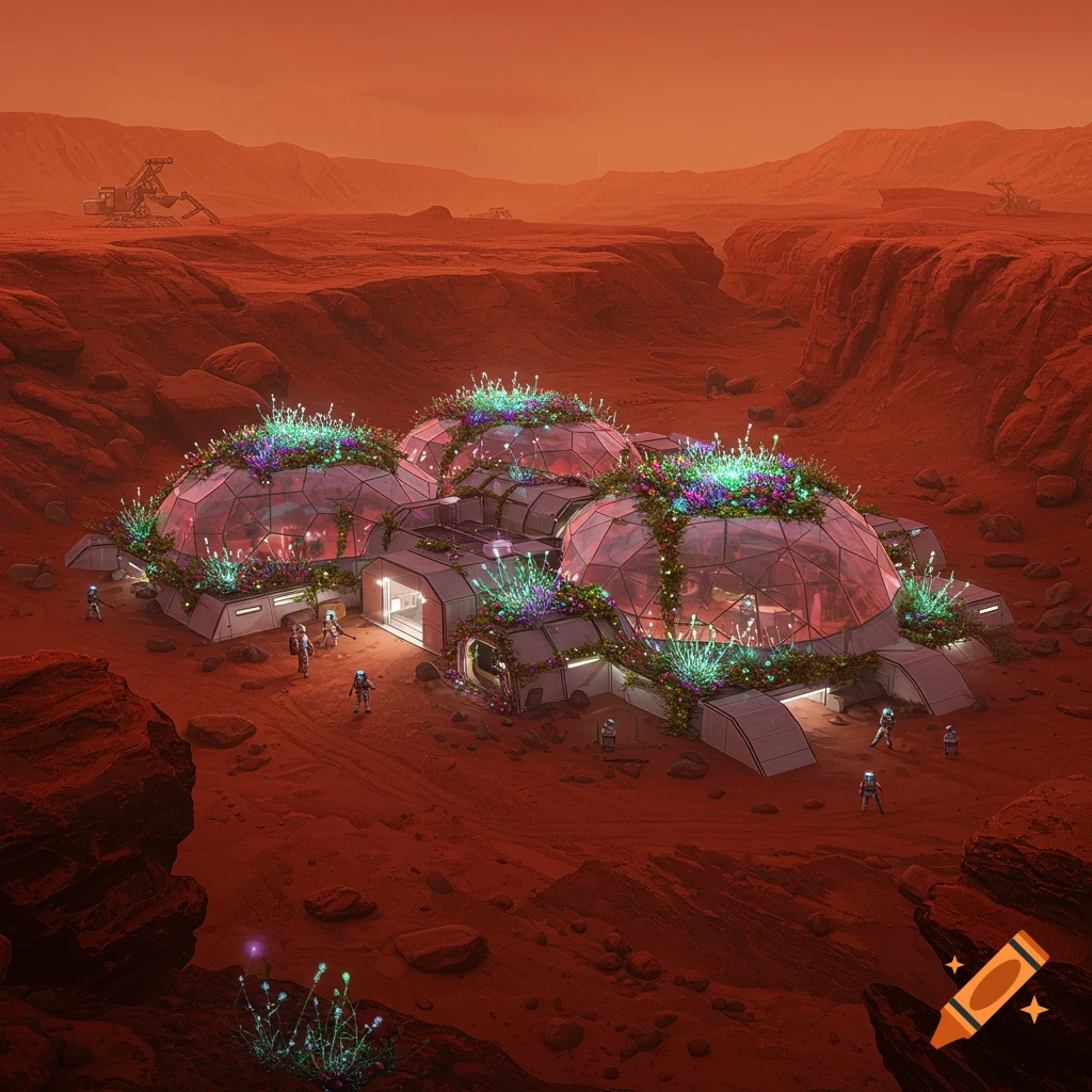 A human colony with futuristic domes on the red rocky surface of Mars ...