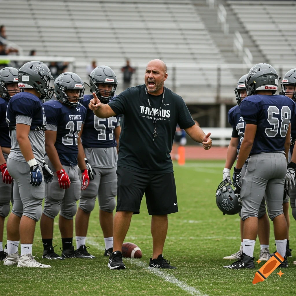 A bald football coach on a field huddling tackle kids on Craiyon