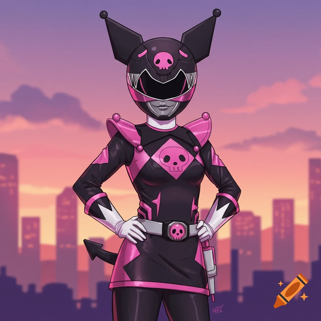 A character resembling Kuromi dressed as a black and pink Power Ranger ...