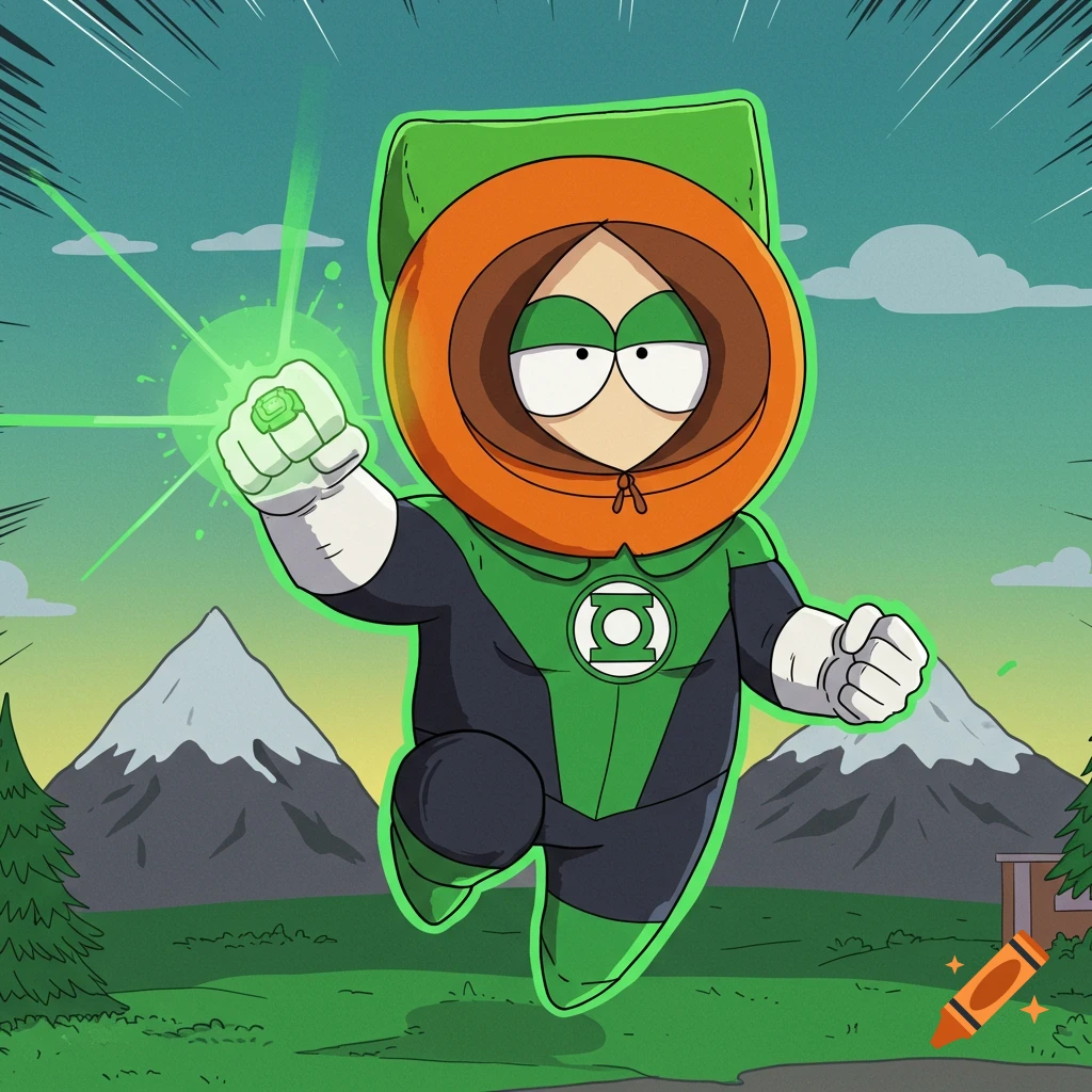 Cartoon depiction of South Park's Kenny wearing a Green Lantern costume ...