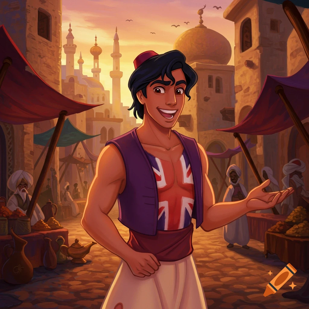 Cartoon of Aladdin in a Union Jack vest standing in an Arabian market ...