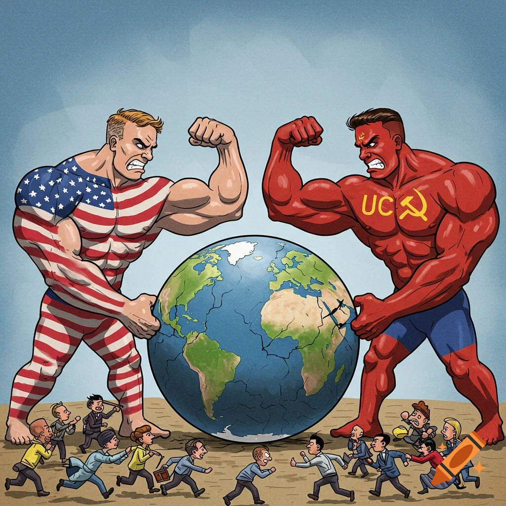 Cartoon of USA and USSR flexing over strained globe on Craiyon
