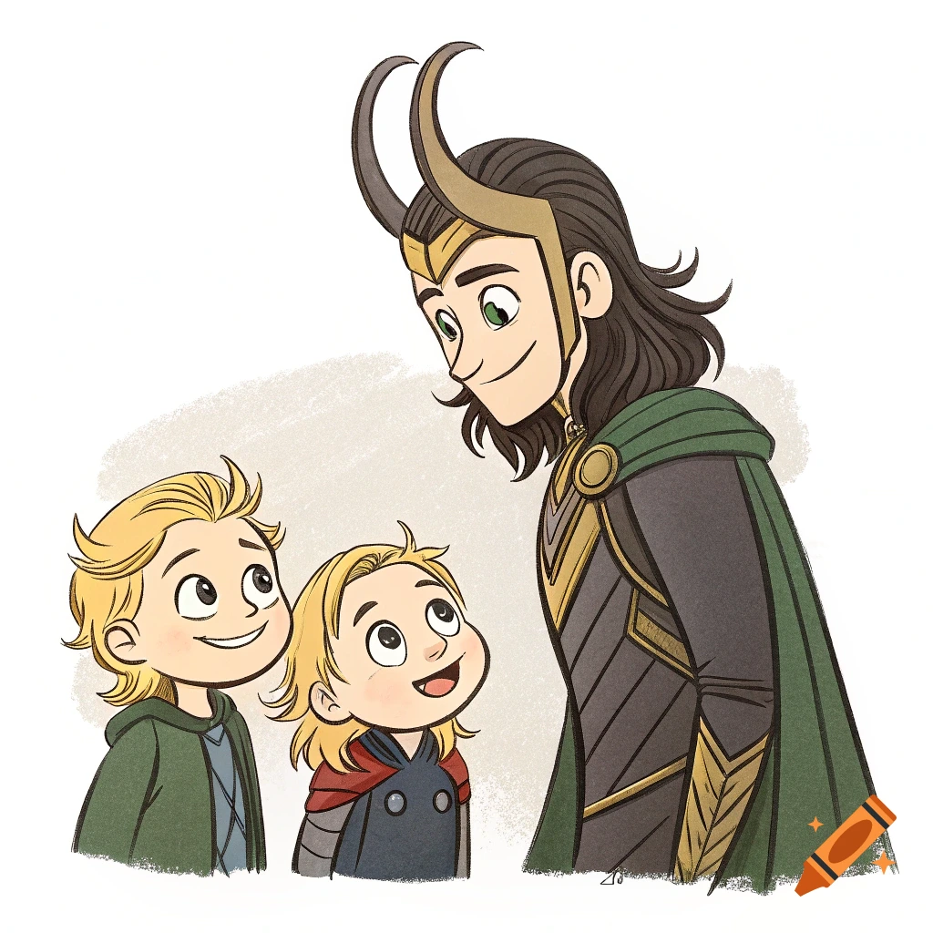 Cartoon drawing of Loki smiling down at two young children looking up ...