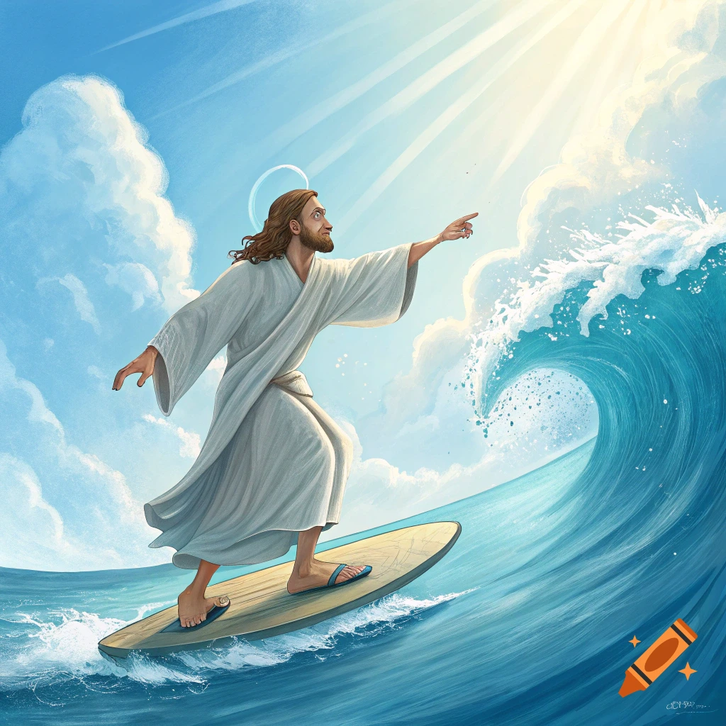 Comic book style illustration of Jesus spiking a volleyball against a ...
