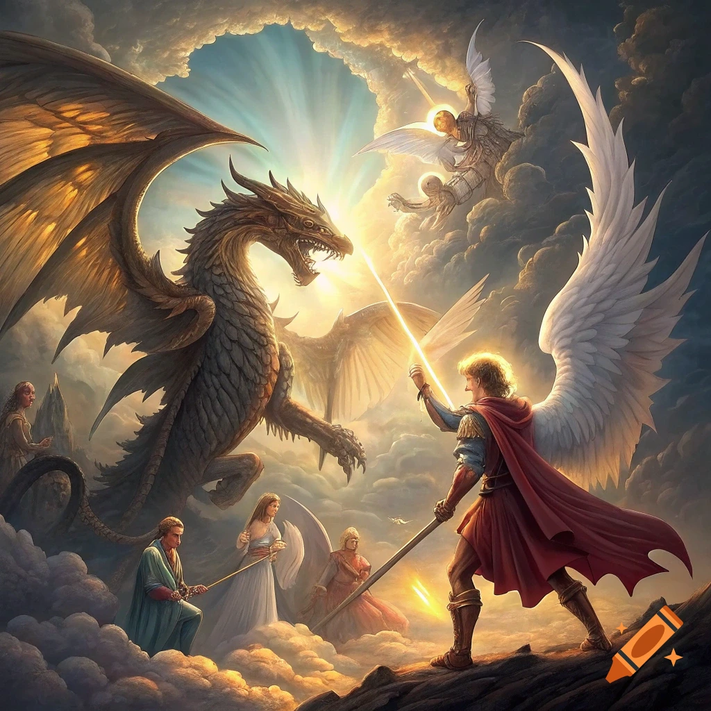 Michael and his angels fighting the dragon in heaven on Craiyon