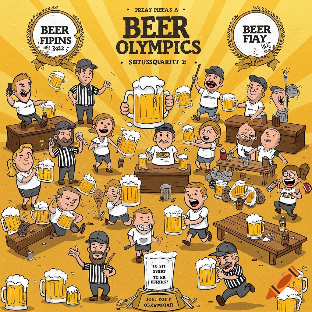 Cartoon invitation for a Beer Olympics themed birthday party with ...