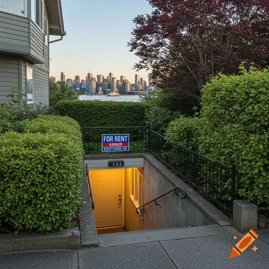 Vancouver house with basement suite entrance and 'For Rent' sign on Craiyon