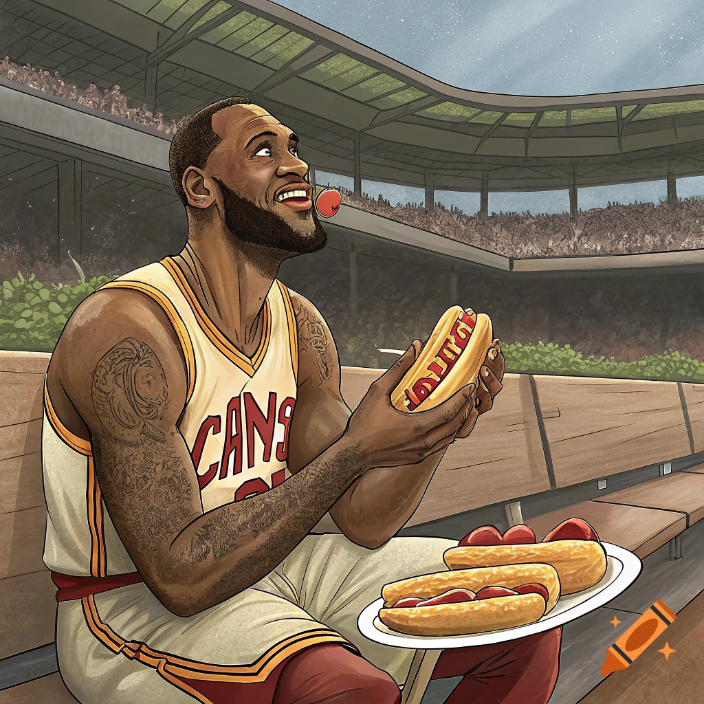 Illustration of a man resembling LeBron James eating fried chicken and ...