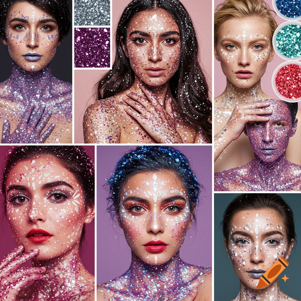 Collage of portraits of women with elaborate glitter makeup on their faces and bodies. on Craiyon