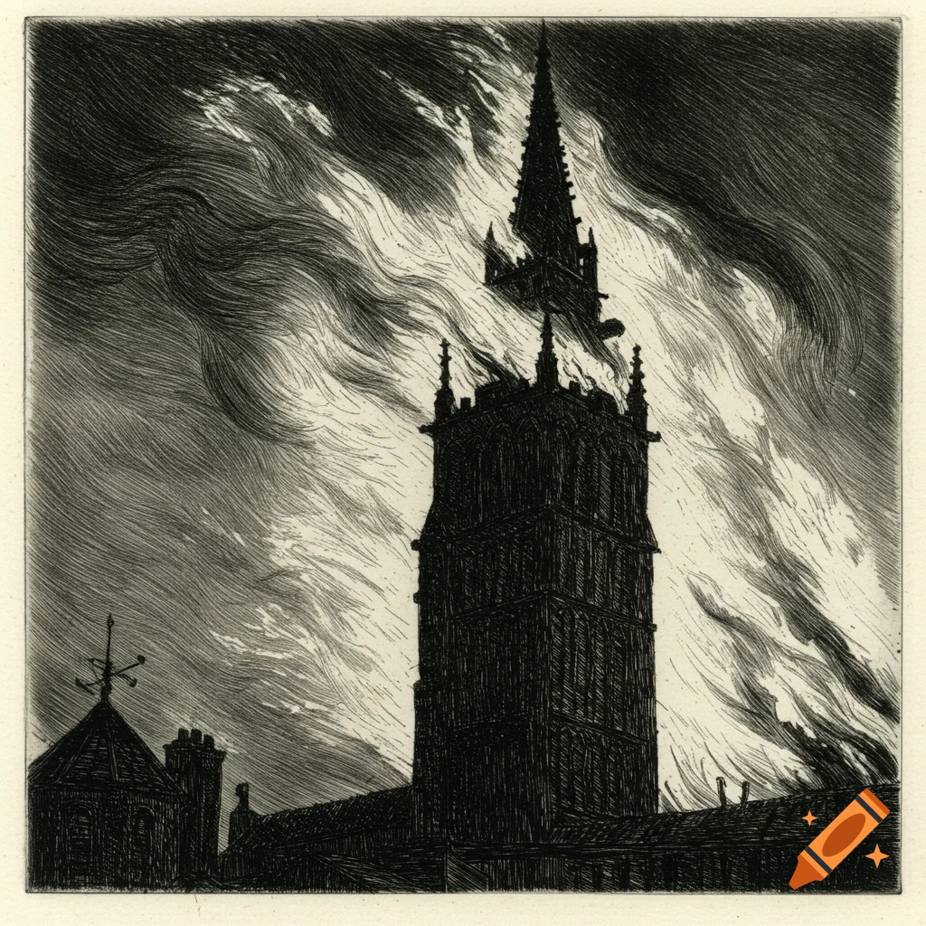 Black and white etching of a tall tower and building silhouetted ...