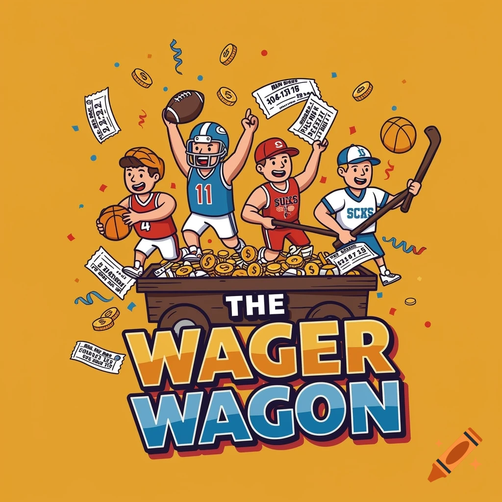 The Wager Wagon sports betting logo featuring 4 college guys on Craiyon