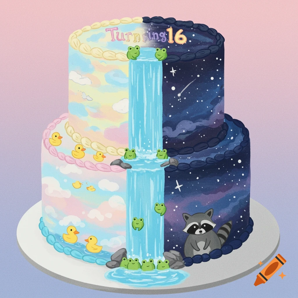 Two-tier cake with pastel sky and raccoon themes, blue waterfall with frogs, 'Turning 16 ...