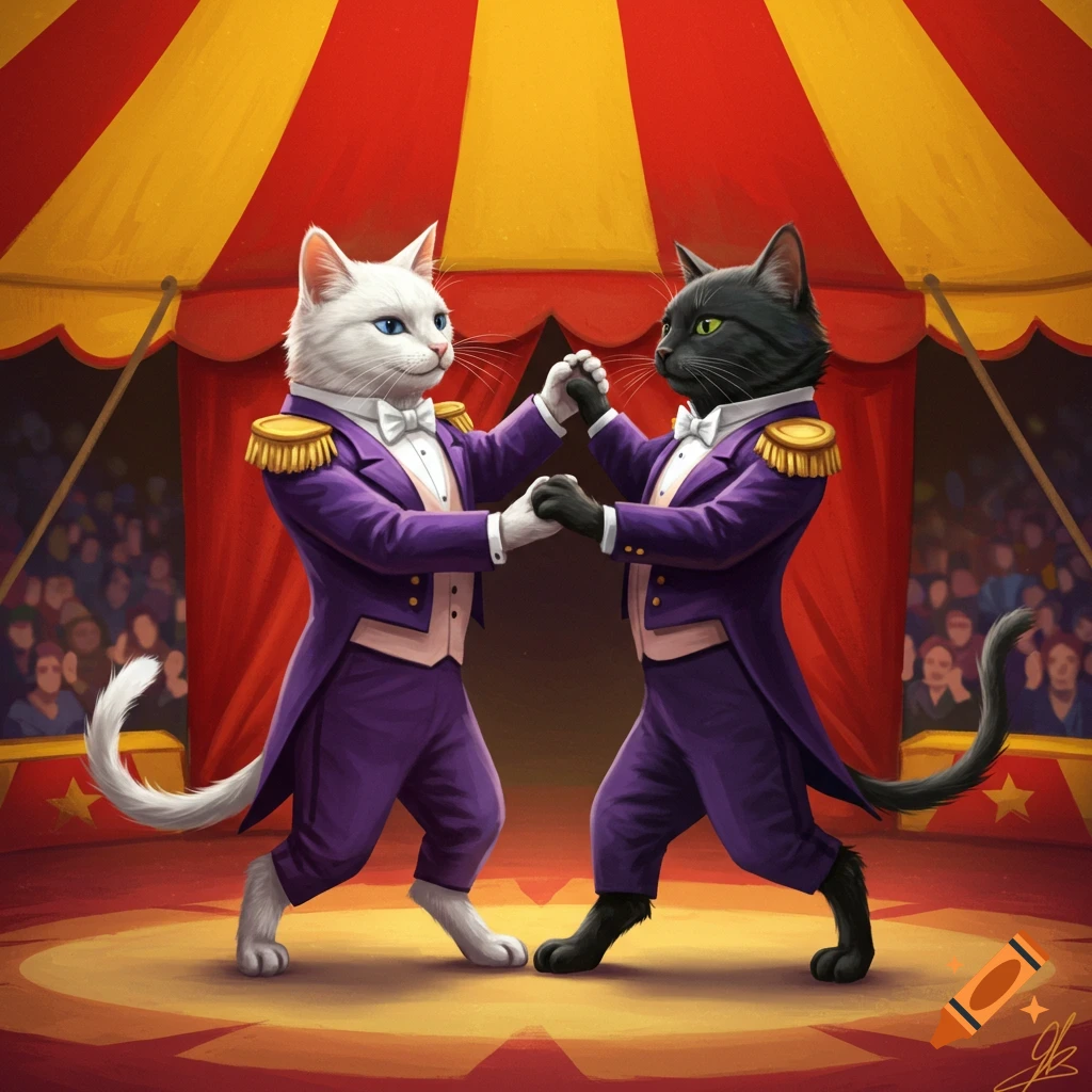 Two cats in purple tuxedos dancing salsa under a circus tent on Craiyon
