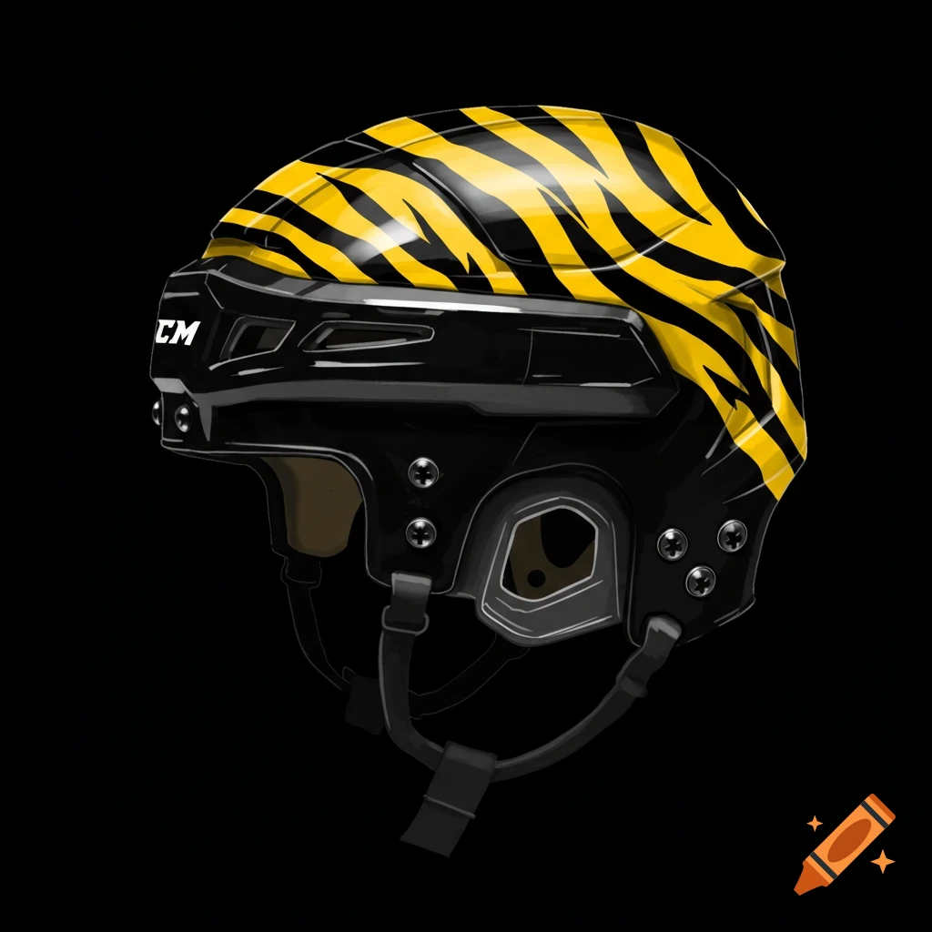 A black hockey helmet with yellow tiger stripes. on Craiyon