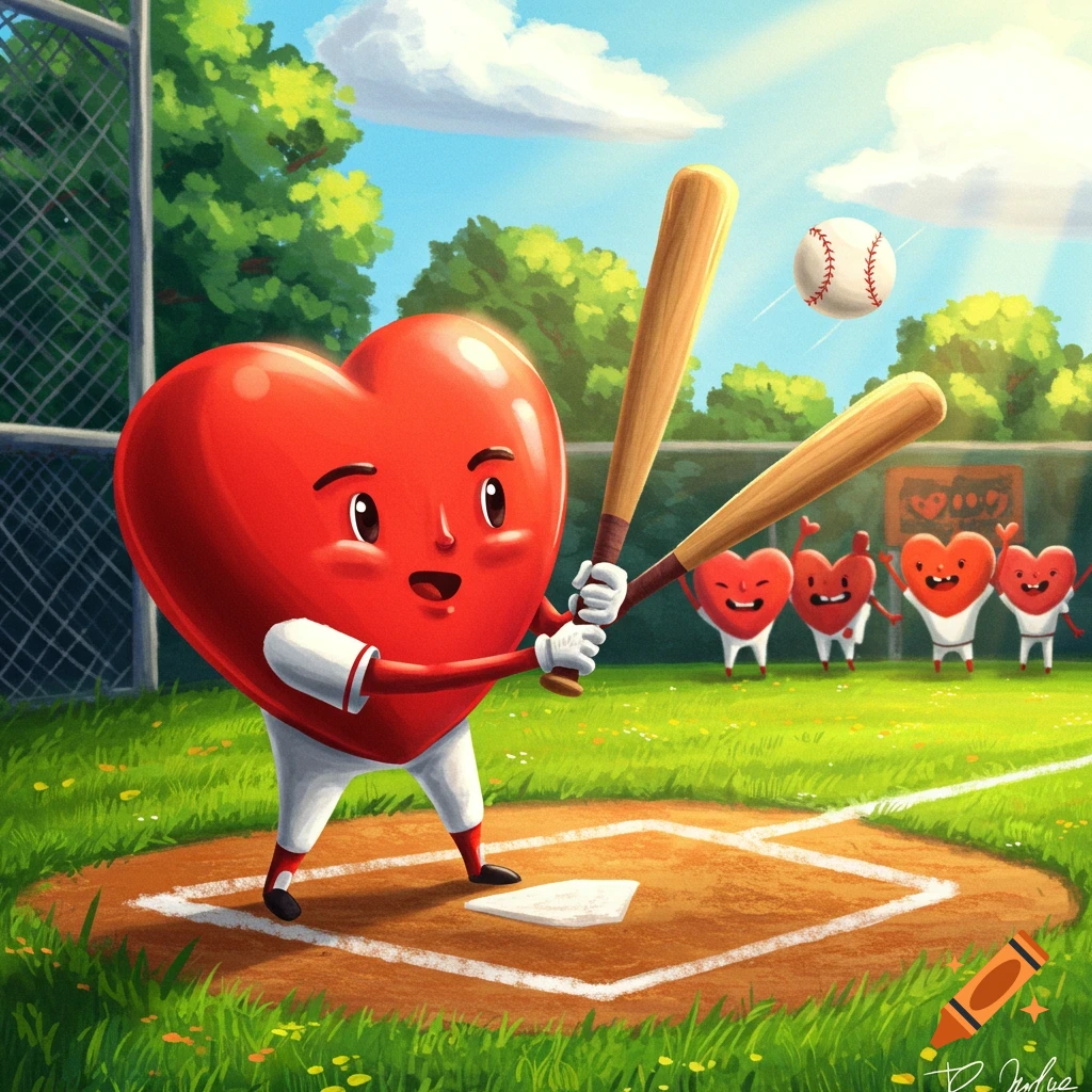 A cartoon heart bats a baseball on a field with other heart characters ...