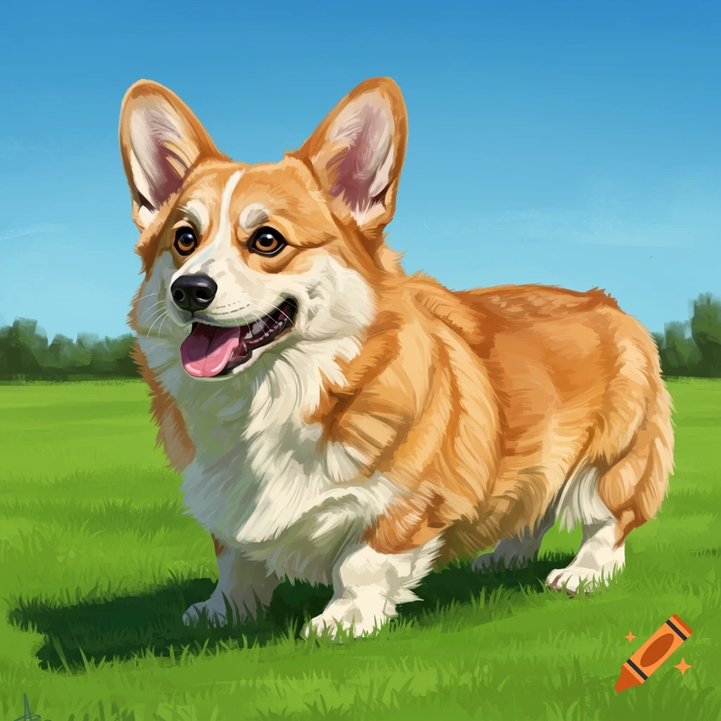 A stylized drawing of a merle blue corgi standing in a field of flowers ...