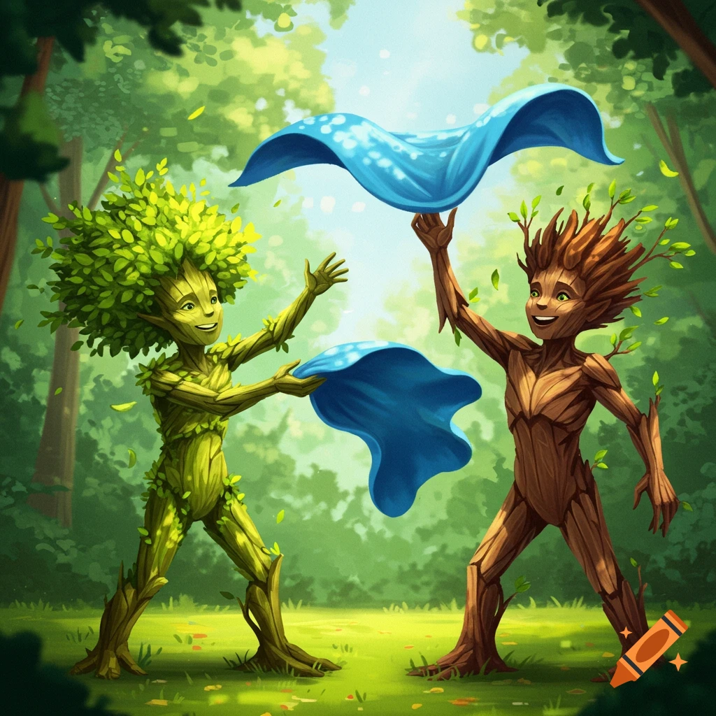 Two cartoon tree creatures hold a rainbow-colored blanket in a sunlit ...