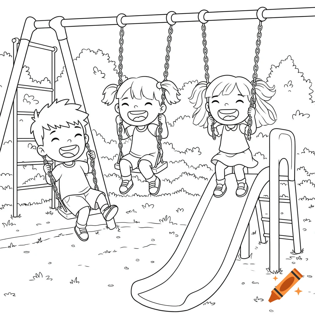 Three happy children play on a playground swing set and slide in a ...