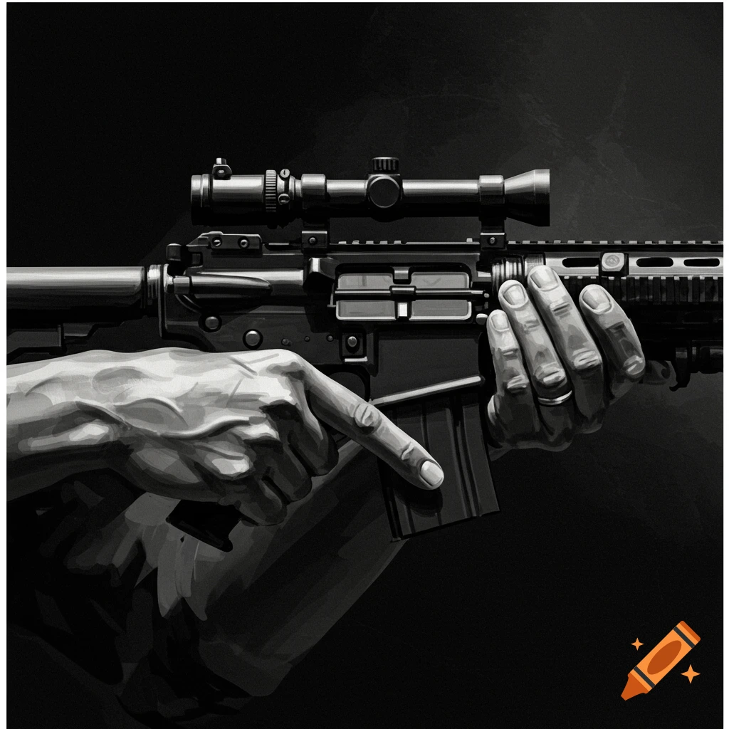 Black and white image of hands holding a rifle with finger off trigger ...