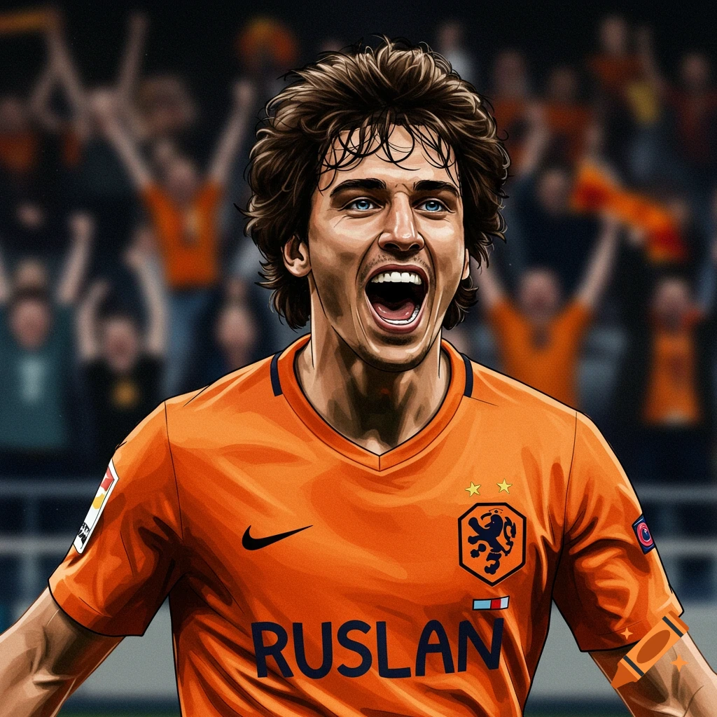 A male soccer player in an orange jersey is celebrating with an open ...