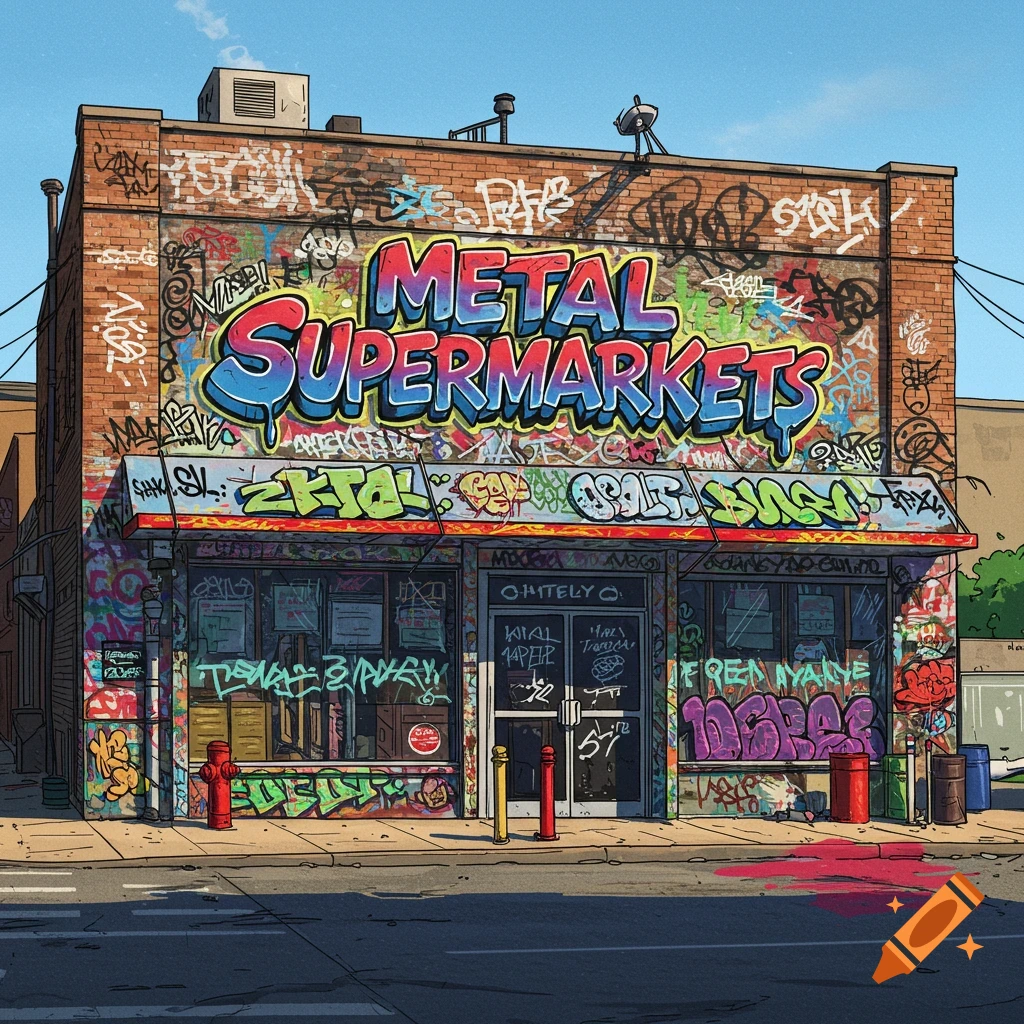 A building covered in colorful graffiti, with a sign reading 'Metal ...
