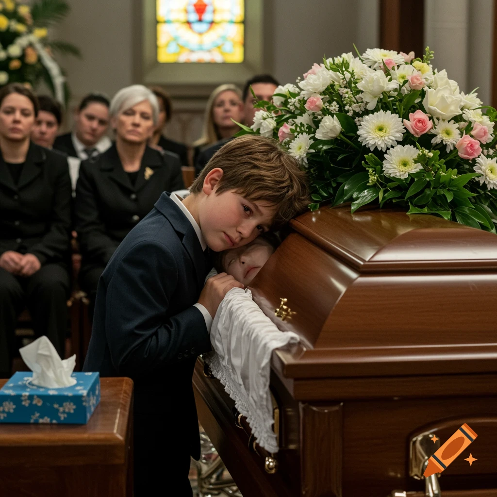 Young boy grieving with sister in casket at funeral service, real-life ...