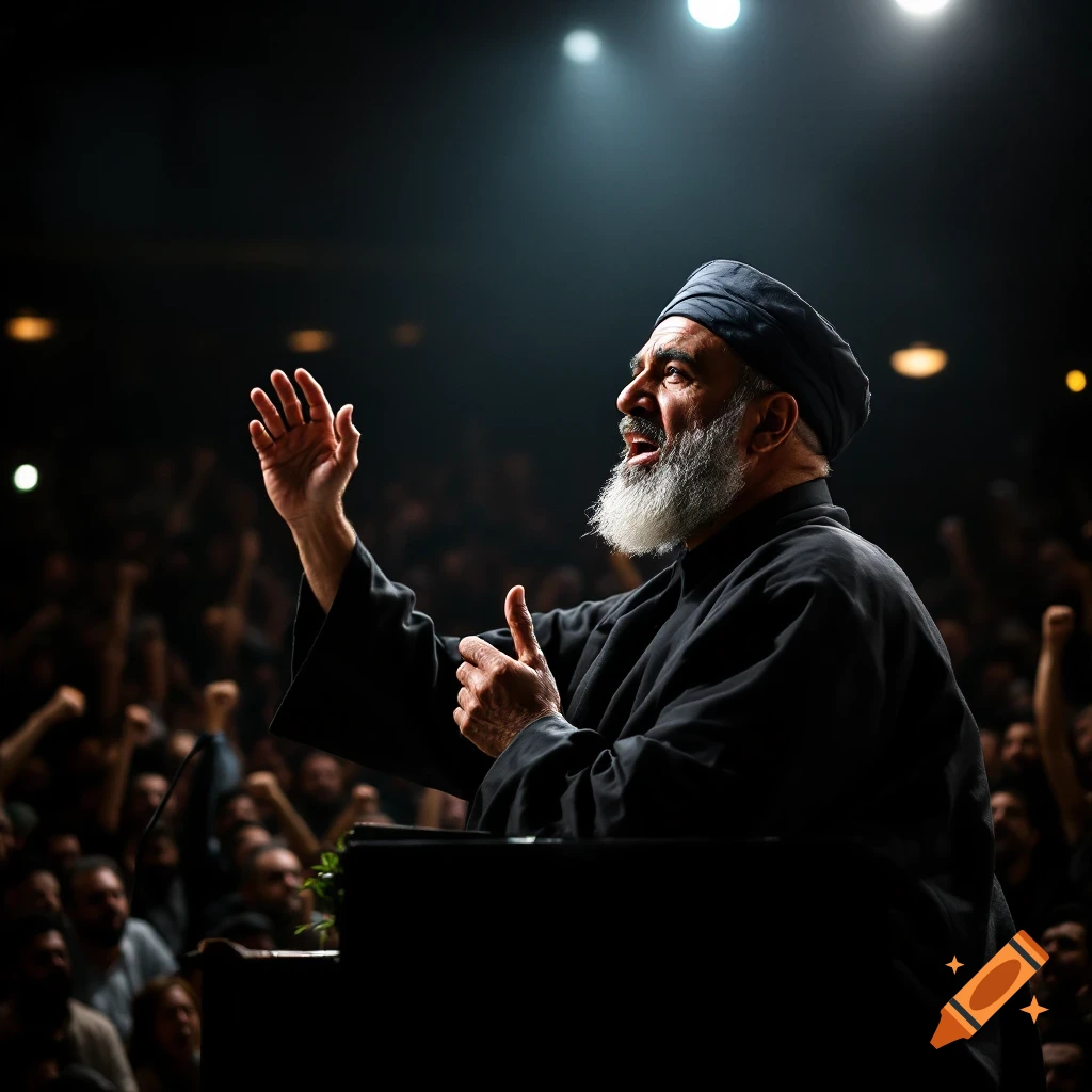 Sheikh Mahmoud Al-Hasanat addresses a large crowd from a pulpit on Craiyon