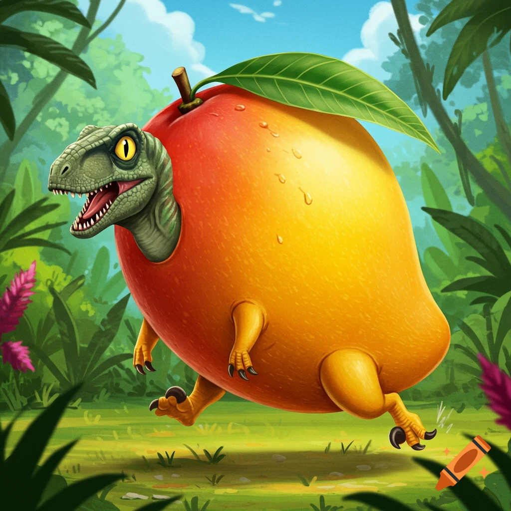 Cartoon dinosaur with a mango body running through a jungle. on Craiyon