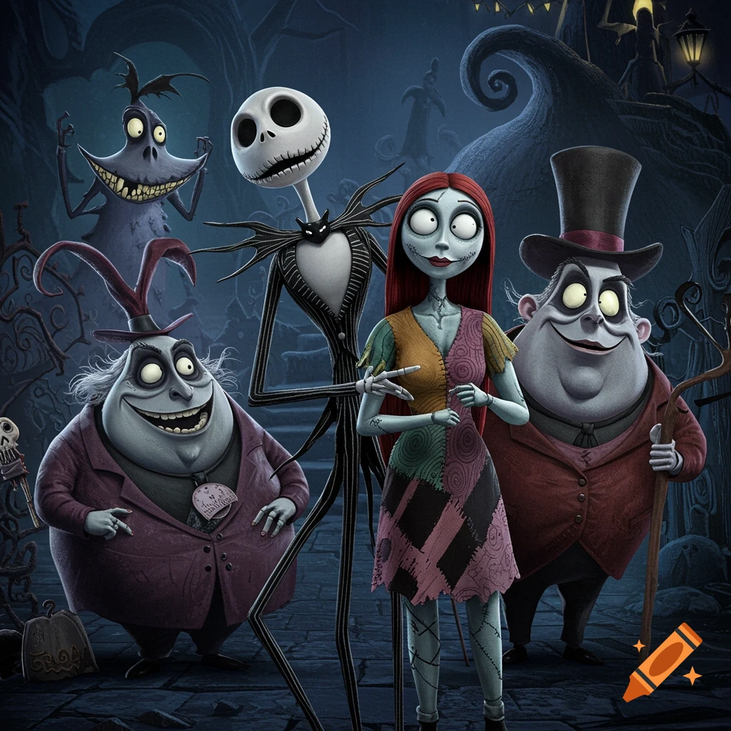 Jack Skellington, Sally, and two other characters in a gothic setting ...