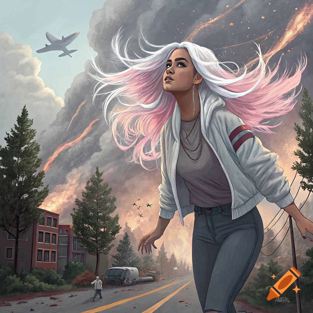 Karol G with pink hair in a sky scene with a boy and destruction below on Craiyon