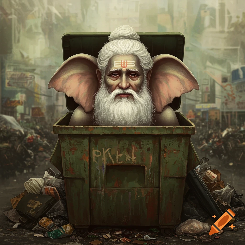 God with long white hair, beard, and elephant ears sitting in a dirty ...