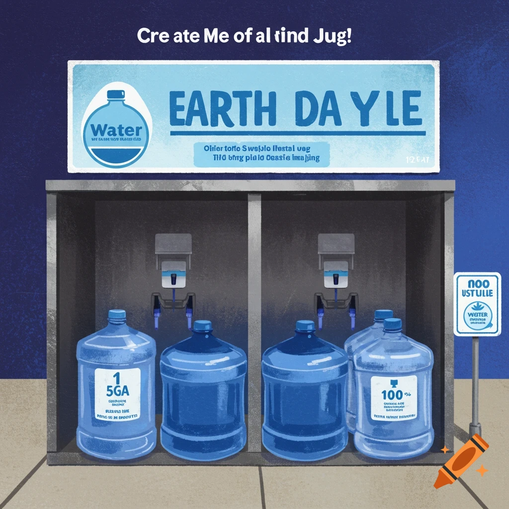 Digital illustration of blue water jugs at a refill station under a ...