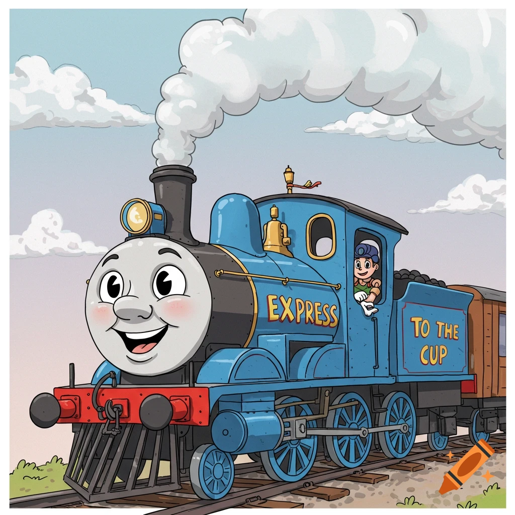 Cartoon train locomotive cab with "EXSPress to the Cup" text on Craiyon