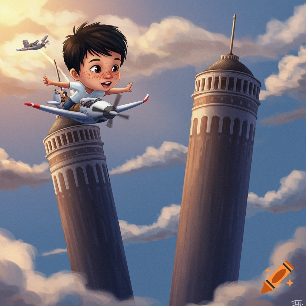 Boy flying a plane towards towers on Craiyon