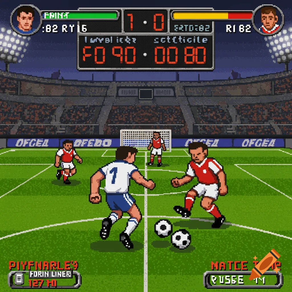 Pixelated soccer game resembling an old video game, showing players on ...