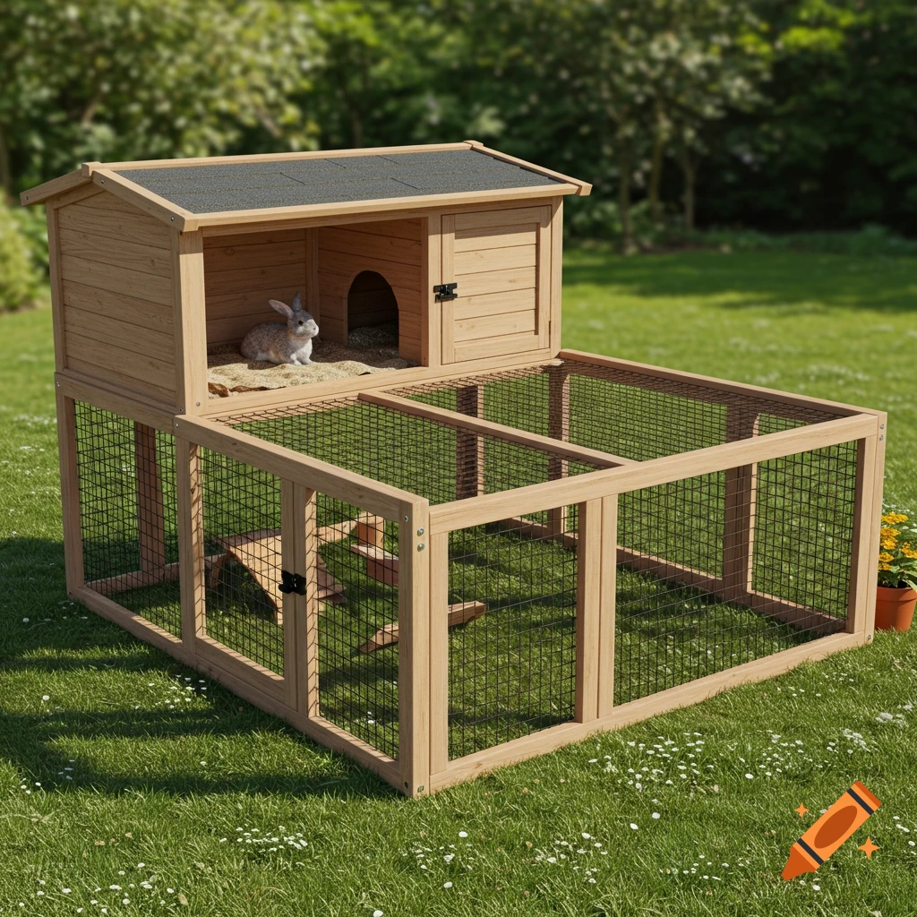 3D render of a wood and wire mesh rabbit hutch with shaded area and ...