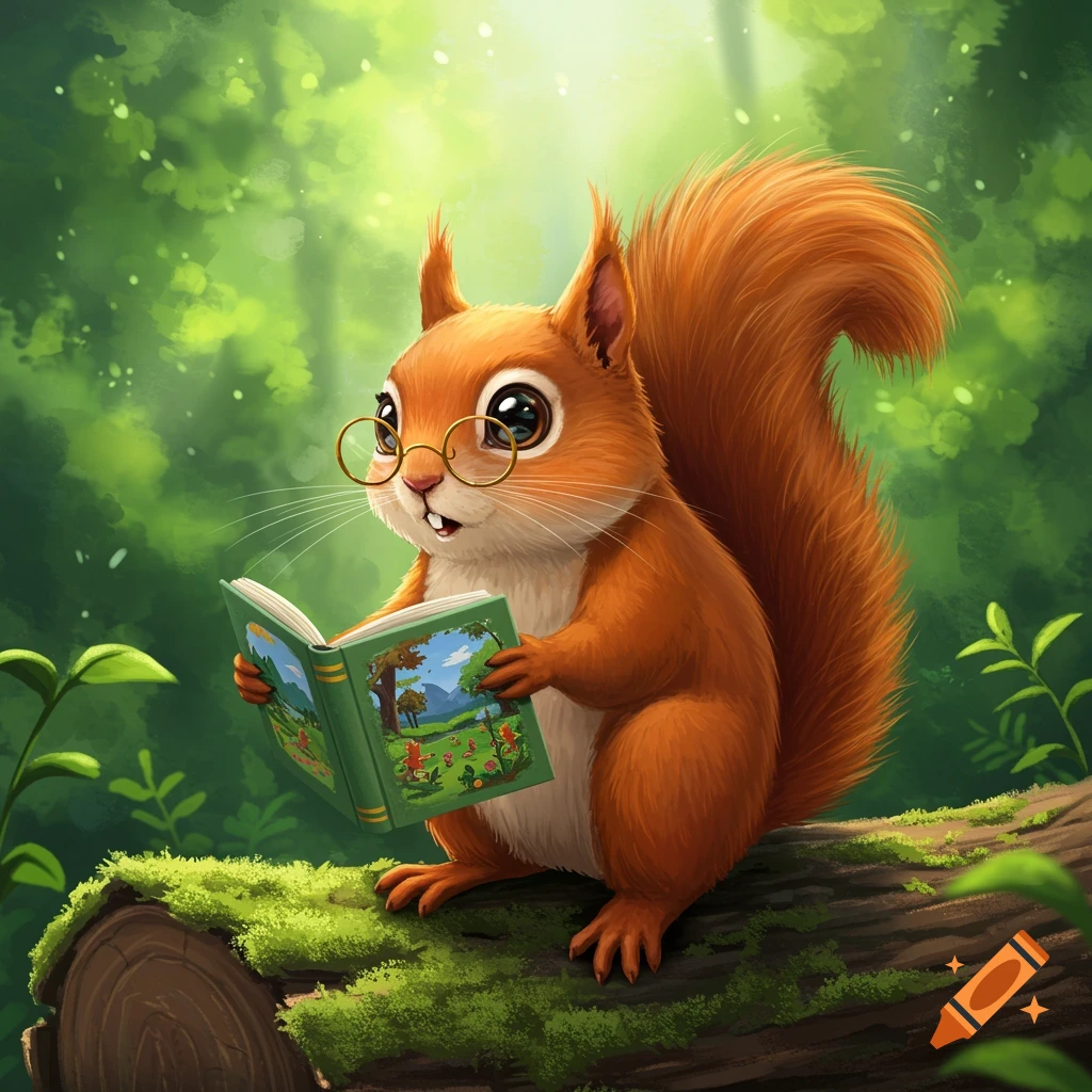 A cute, studious squirrel wearing glasses sits on a log reading a book ...