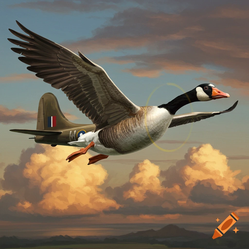 Painting of a goose transformed into a bomber plane flying in the sky ...