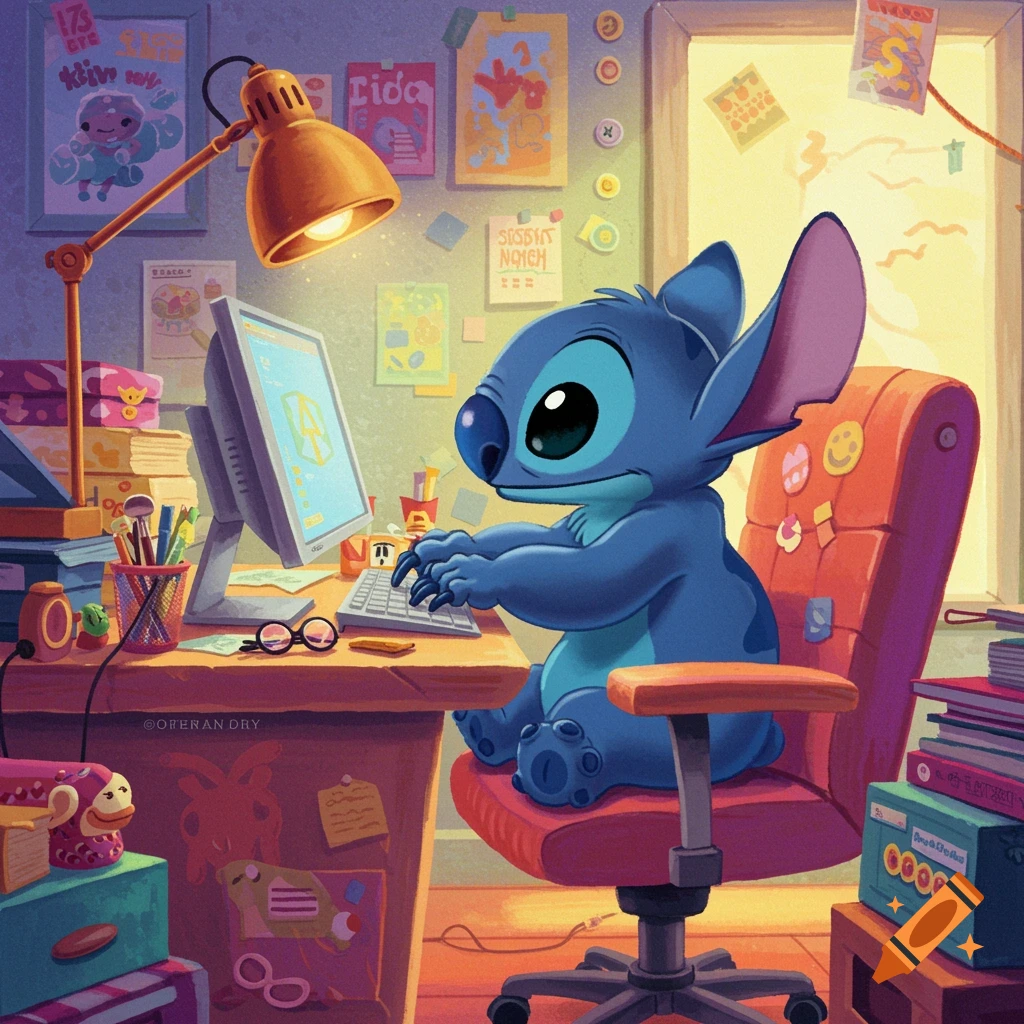 A vibrant image of Stitch from Disney working on a computer at a ...