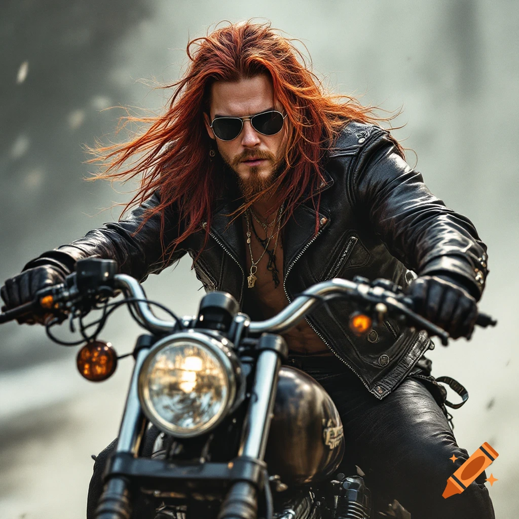 Axl Rose riding a Harley Davidson motorcycle in a leather jacket on Craiyon