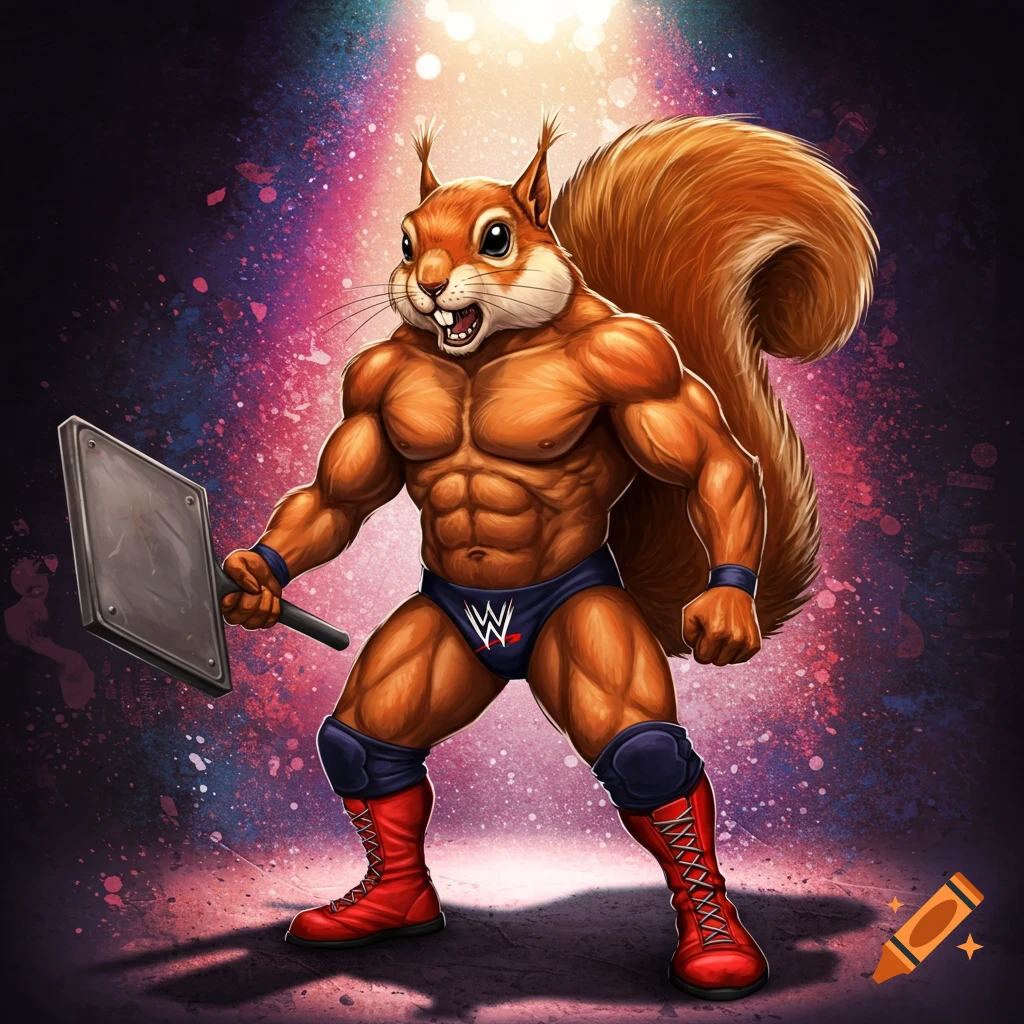 Muscular squirrel in wrestling gear holds a steel chair. on Craiyon