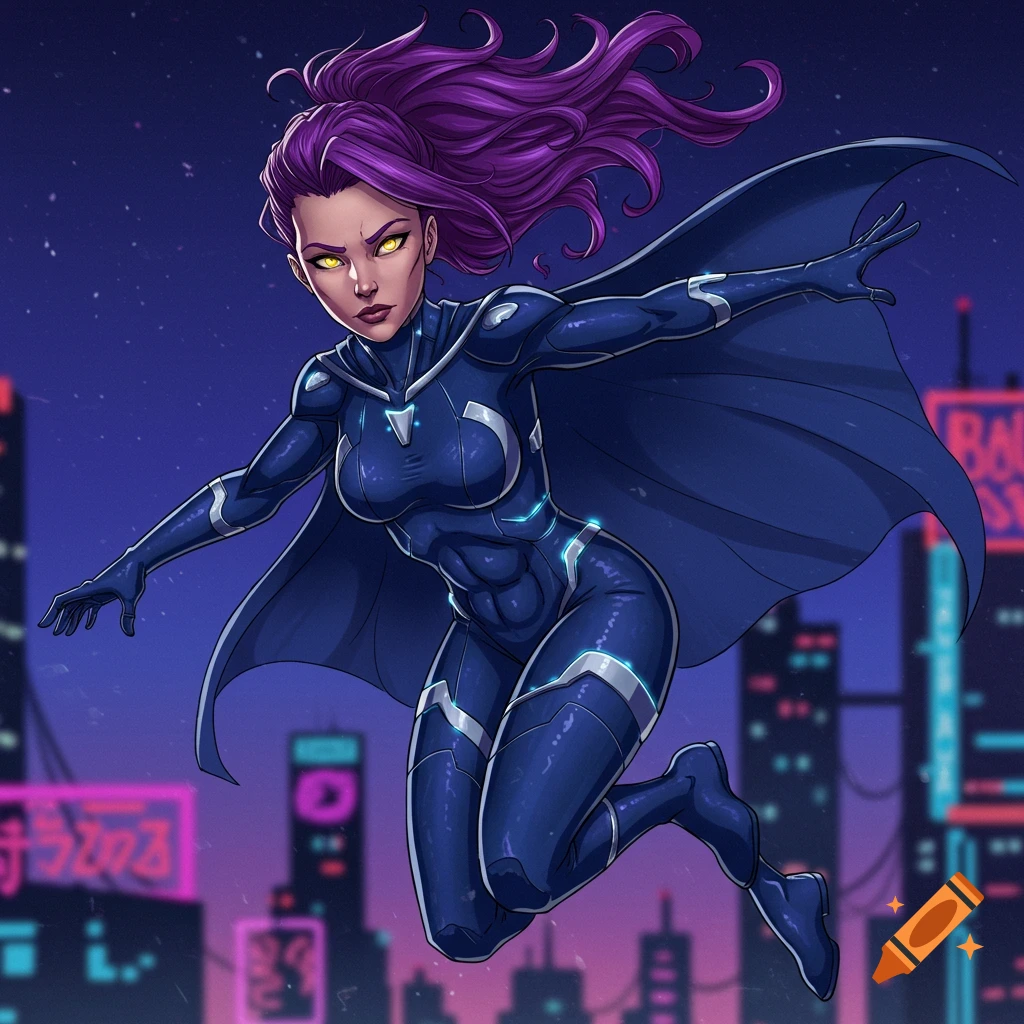 Comic art of a female superhero with pink hair and blue suit flying ...