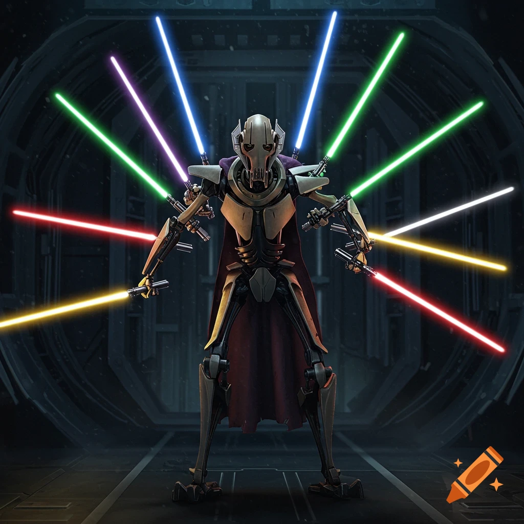 General Grievous with eight arms wielding multicolored lightsabers on ...