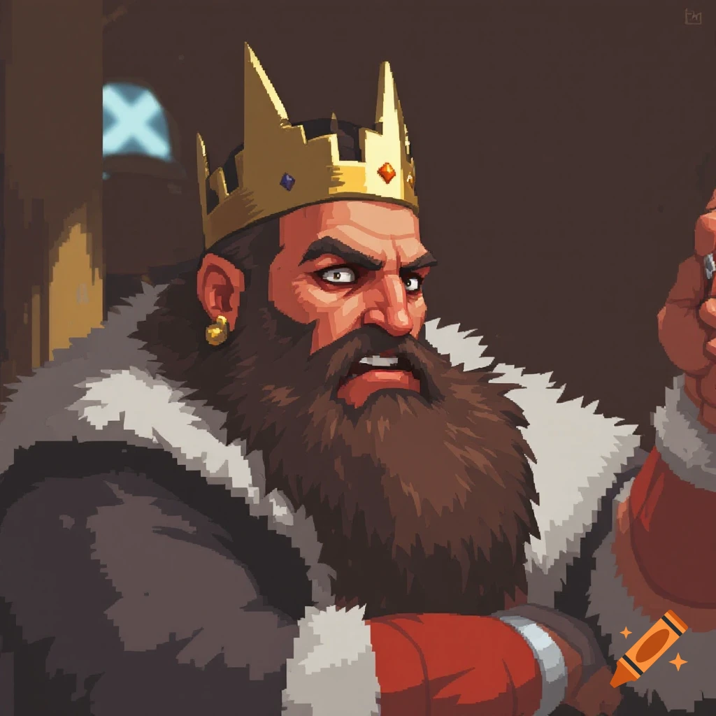 A pixel art king with a crown and beard sits on a golden throne with a red cushion. on Craiyon