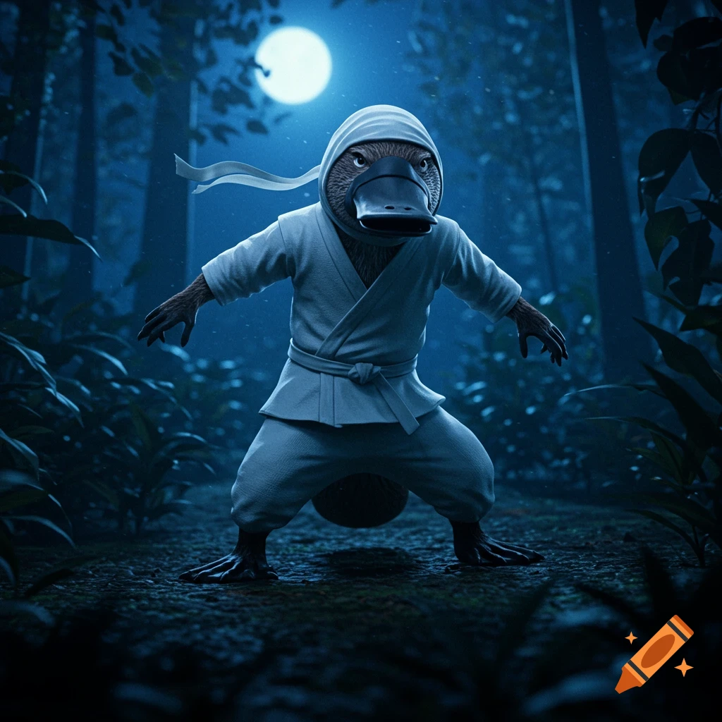 A platypus dressed as a ninja stands in a forest under a full moon. on ...