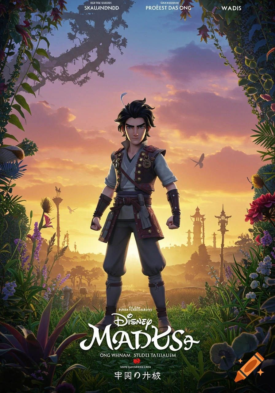 Cartoon movie poster shows Pinocchio sharing spaghetti with a proboscis monkey on a date. on Craiyon